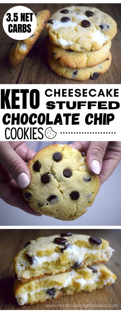 Keto Cheesecake Stuffed Chocolate Chip Cookies - Mouthwatering Motivation